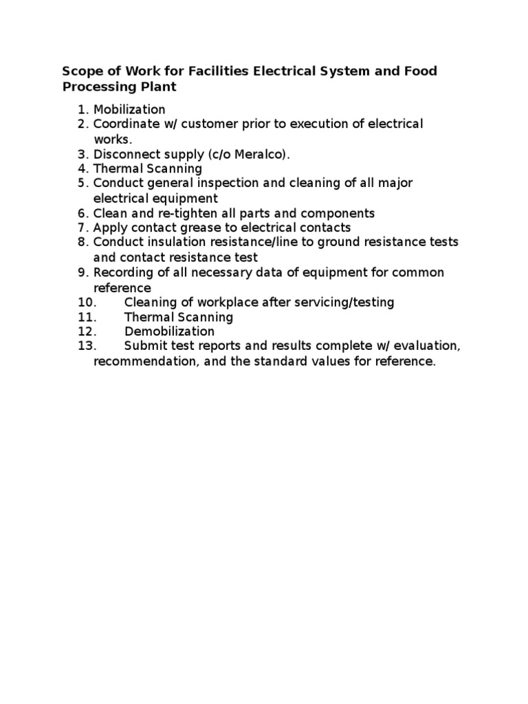 Scope of Work For Facilities Electrical System and Food Processing ...