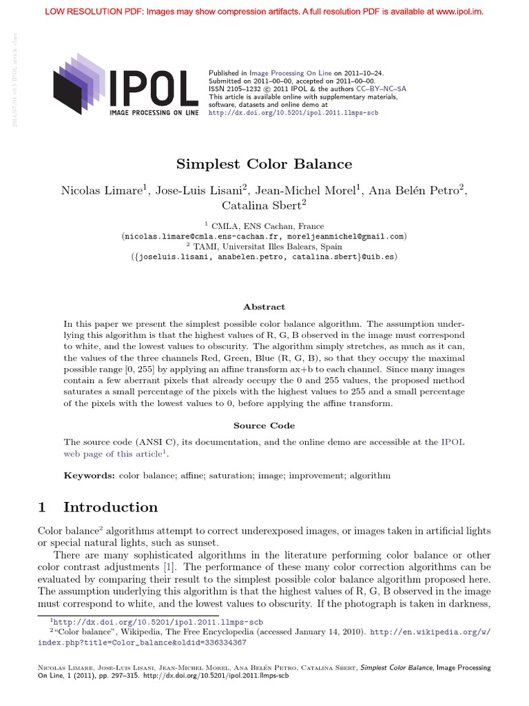 Simplest Color Balance: Nicolas Limare, Jose-Luis Lisani, Jean-Michel Morel, Ana Bel en Petro ...