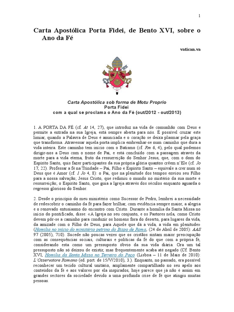 Carta Apostólica Porta Fidei - Ano Da Fé | PDF | Fé | Concílio Vaticano II