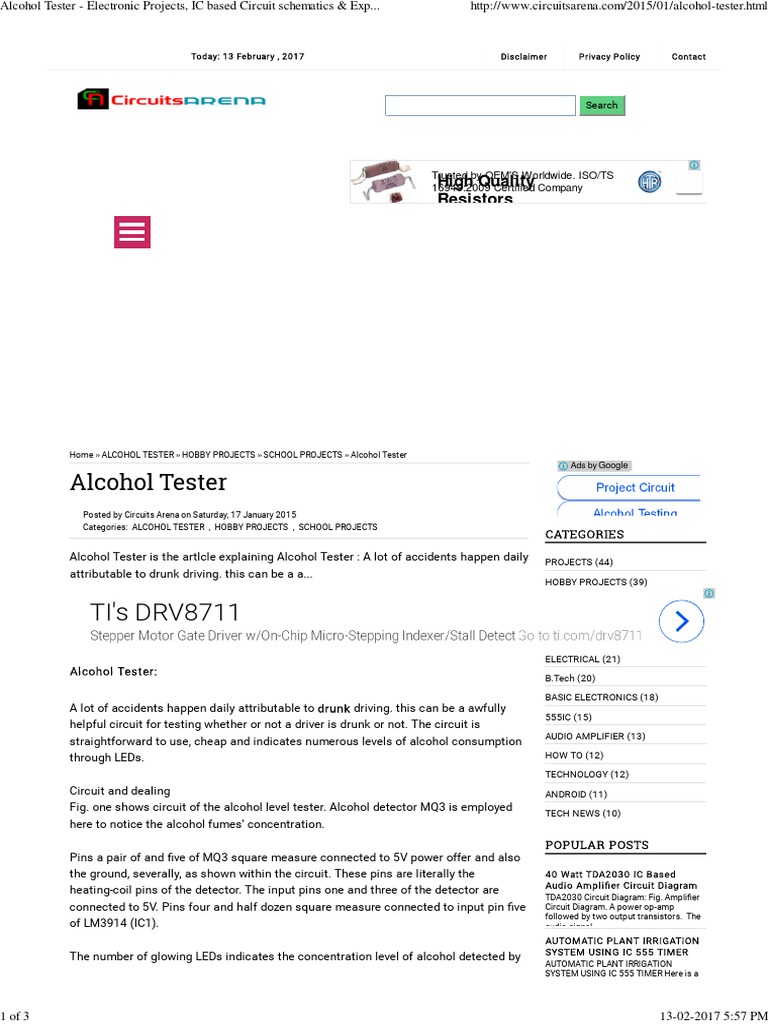 Alcohol Tester - Electronic Projects, IC Based Circuit Schematics ...