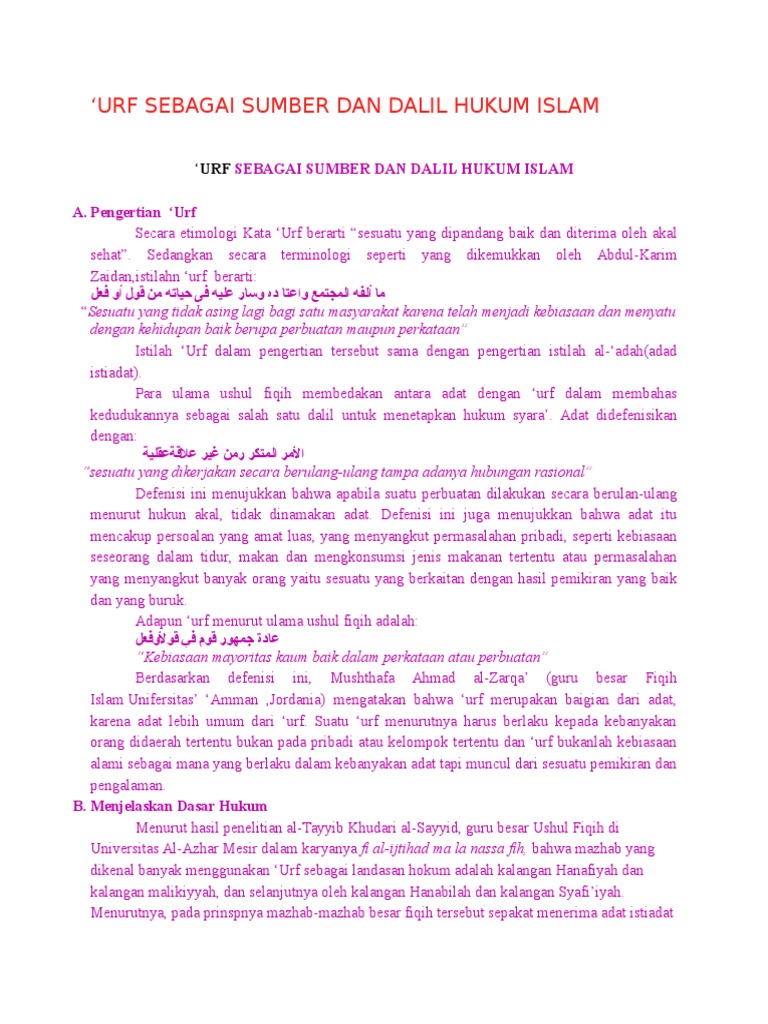 Urf Sebagai Sumber Dan Dalil Hukum Islam | PDF