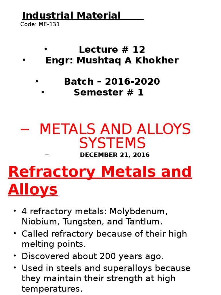 Overview of Refractory Metals and Alloys | PDF | Metals | Tin