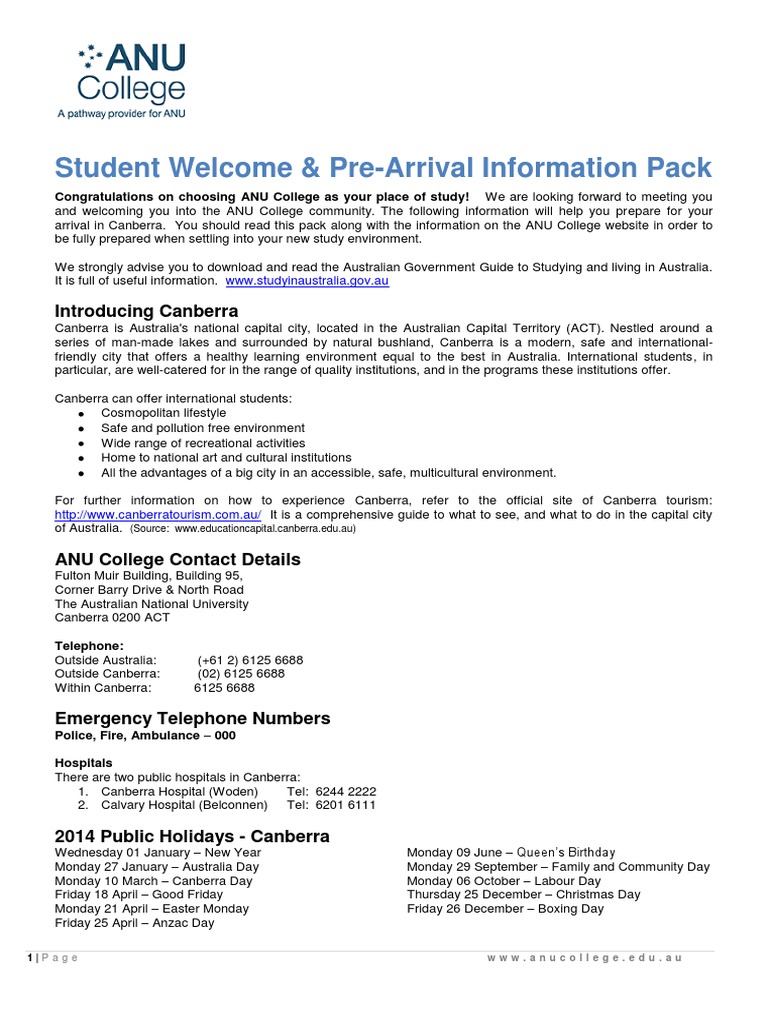 Student Welcome & Pre-Arrival Information Pack: Introducing Canberra ...