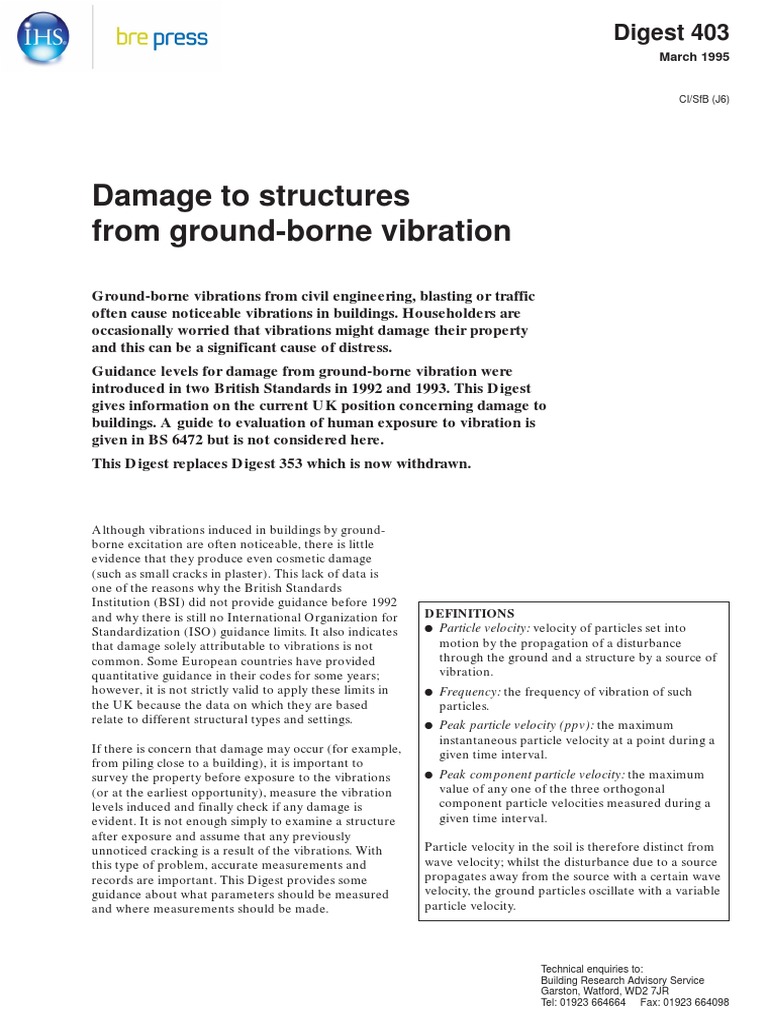 Damage To Structures From Ground-Borne Vibration - BRE Digest 403 PDF ...