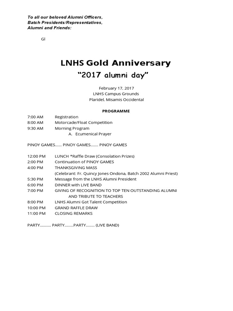 Lnhs Alumni Day - Final Program | PDF