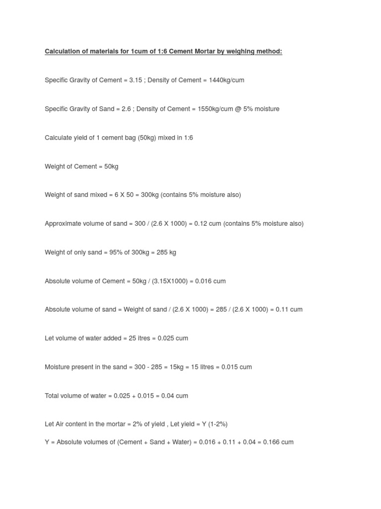 Calculation of Materials For 1cum of 1 by Weight | PDF