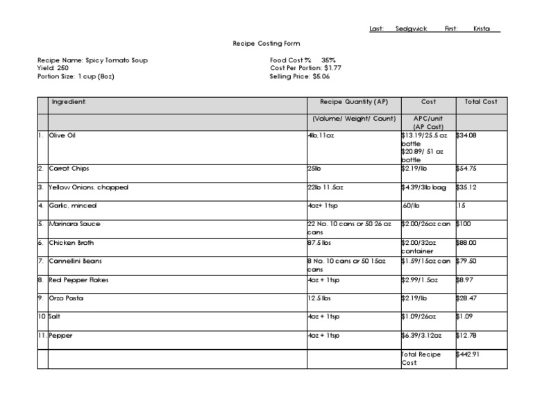 Recipe Costing Form | PDF