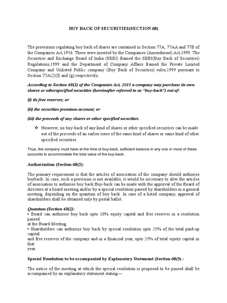 Buy Back of Securities | Download Free PDF | Share Repurchase | Stocks
