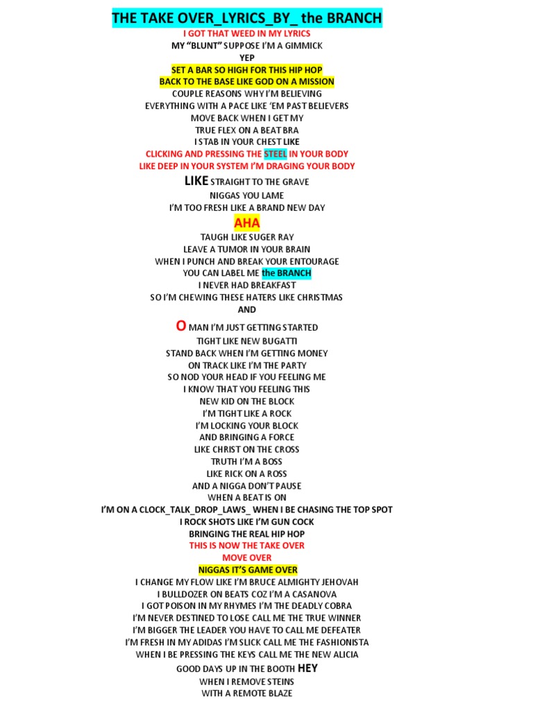 The Take Over Lyrics by The BRANCH | PDF | Leisure