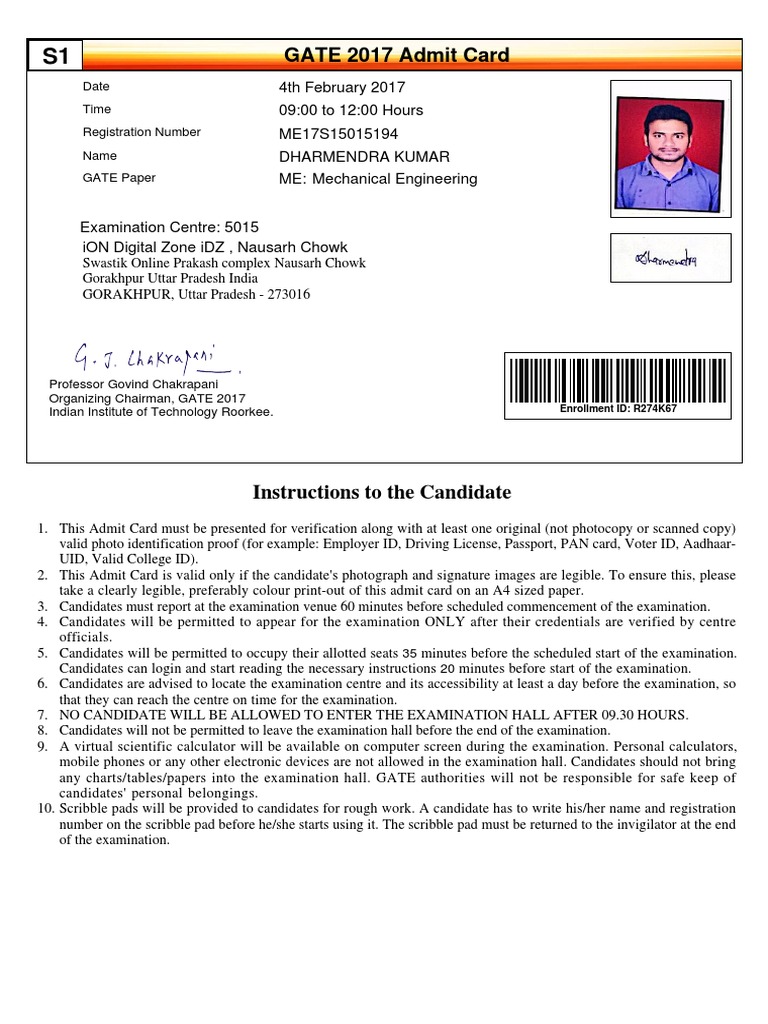 R274 K67 Admit Card | PDF | Identity Document | Access Control