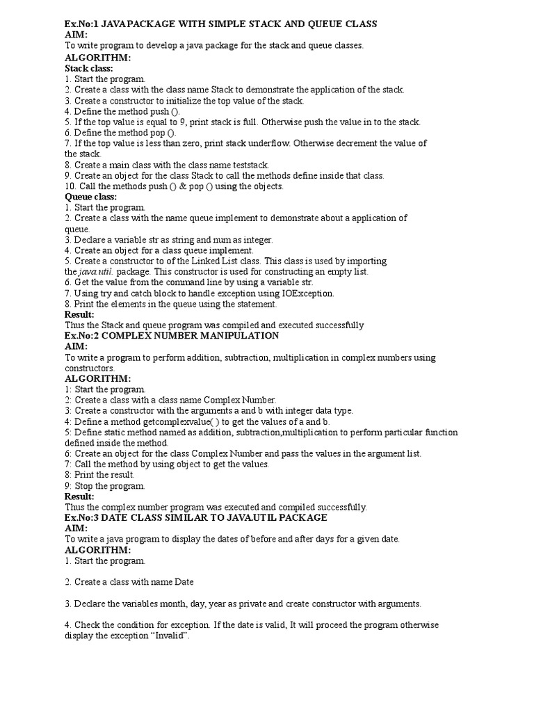 Ex - No:1 Java Package With Simple Stack and Queue Class Aim: Algorithm ...