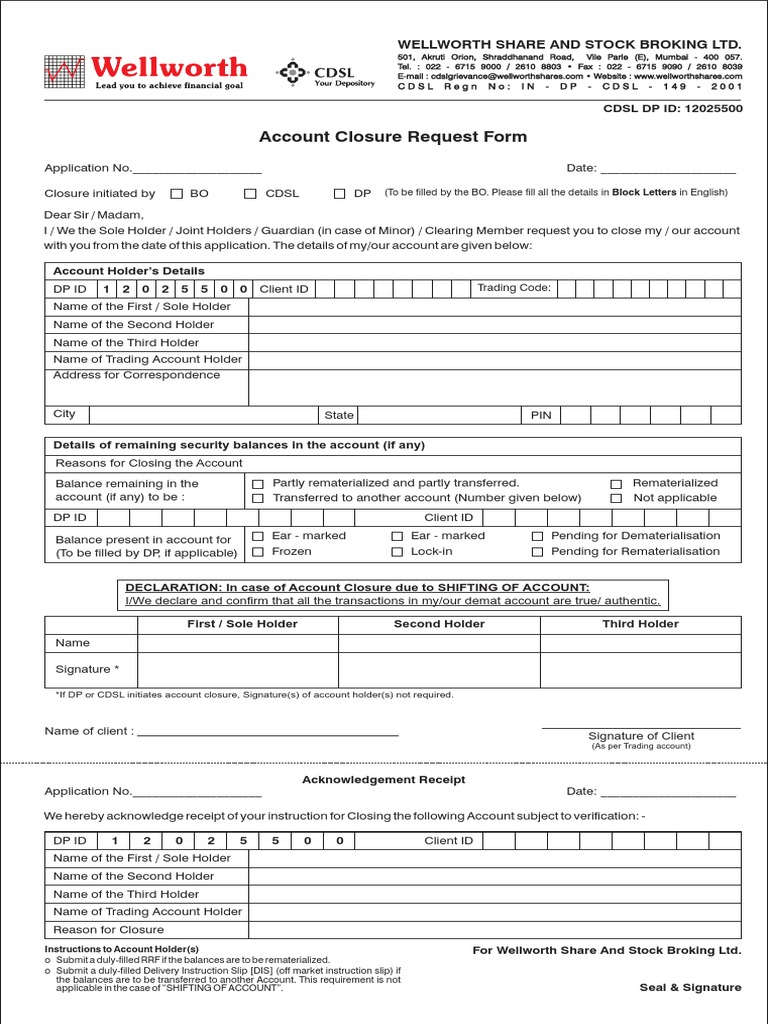 Account Closure Request Form Wellworth | PDF | Service Industries ...