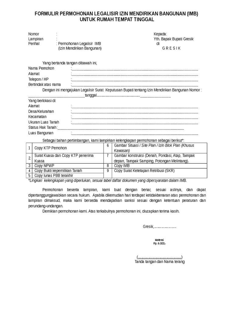 Formulir Legalisir IMB Rumah | PDF