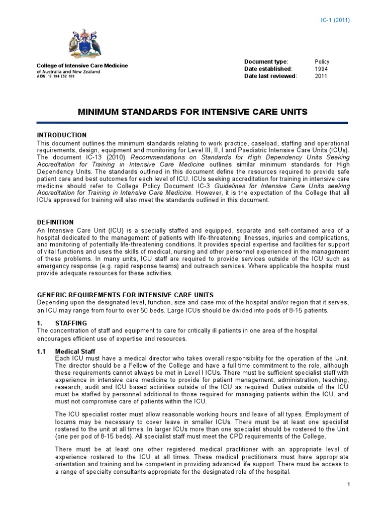 IC 1 Minimum Standards For Intensive Care Units | PDF | Intensive Care ...