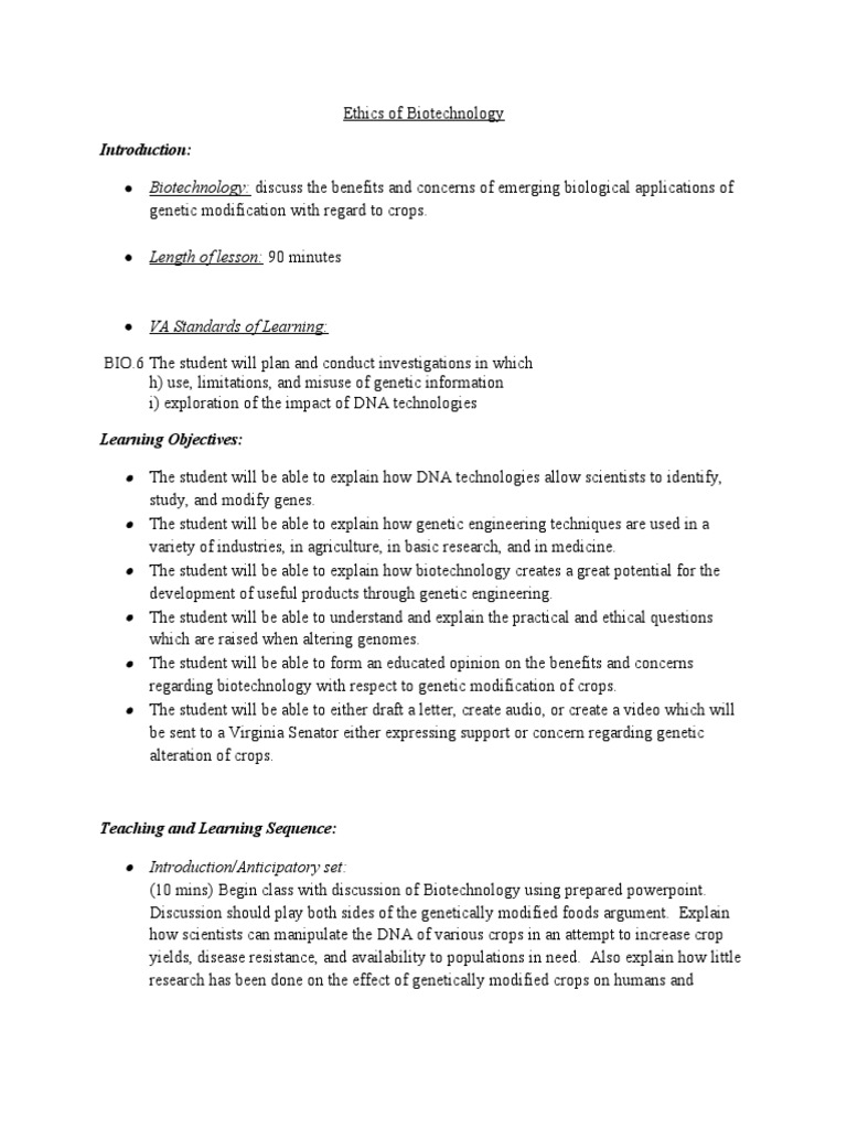 Biotechnology Lesson Plan | PDF | Biotechnology | Genetic Engineering