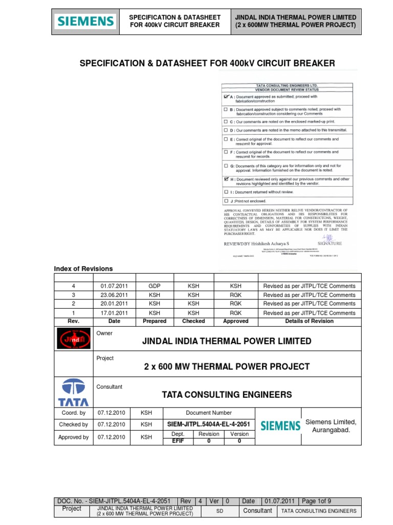 400kV Circuit Breaker Data Sheet | PDF | Insulator (Electricity ...