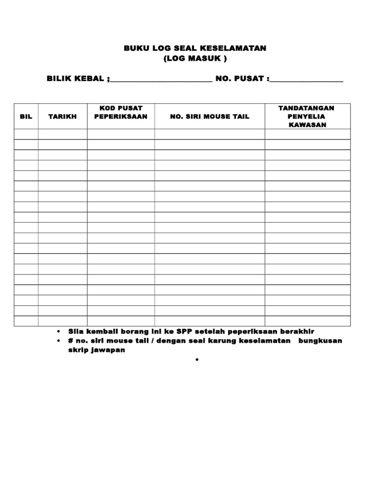 Buku Log Seal Keselamatan | PDF