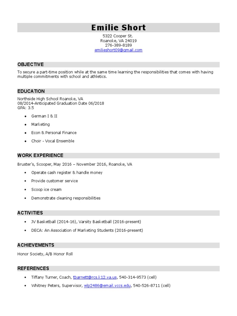 Emilie Short's Part-Time Job Resume | PDF