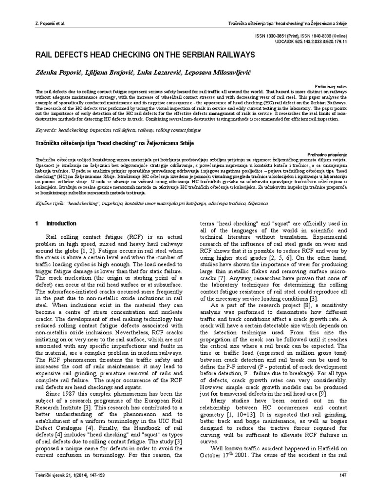 Analysis of Head Checking Rail Defects on the Serbian Railways and the ...