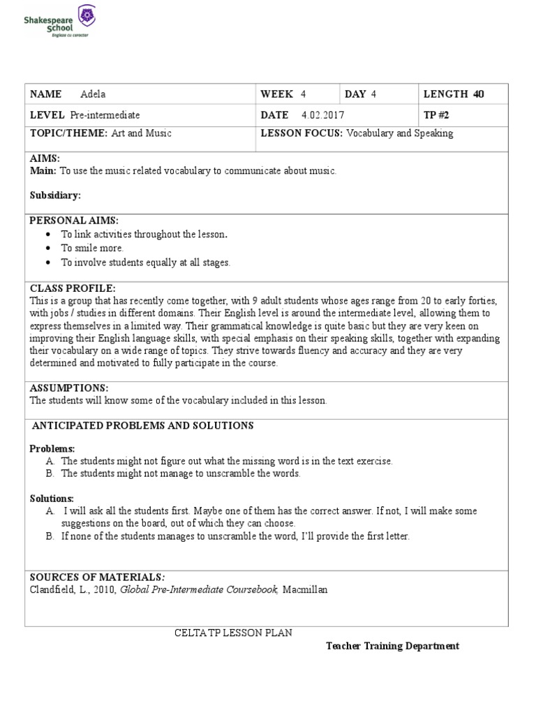 Lesson Plan Celta | PDF | Lesson Plan | Vocabulary