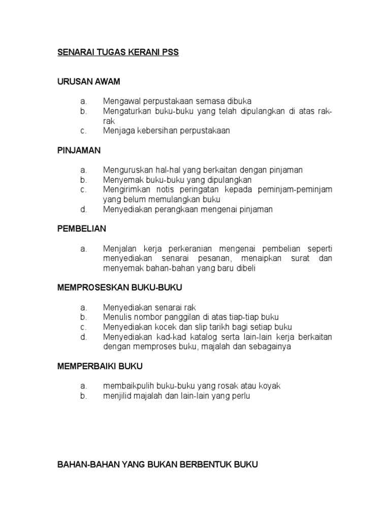 Senarai Tugas Kerani Pss | PDF