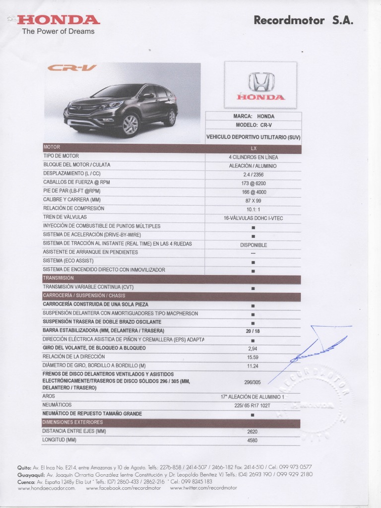 Ficha de Especificaciones HONDA CR-V | PDF | Transporte privado | Honda