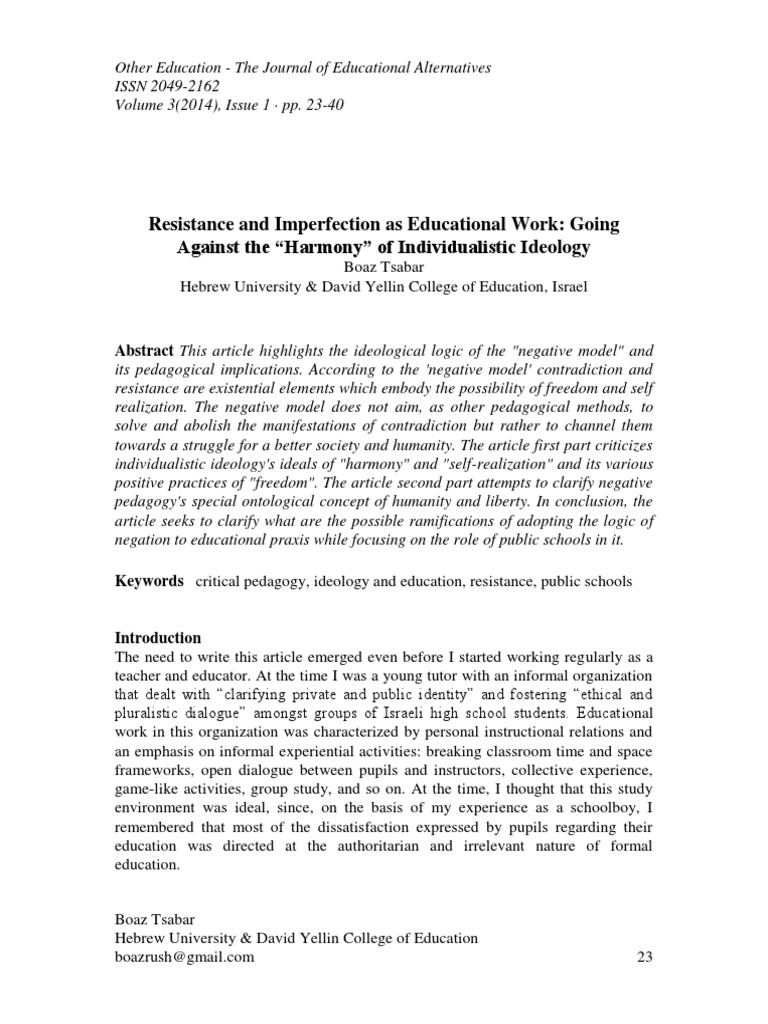 Resistance and Imperfection As Educational | PDF | Individualism | Pedagogy