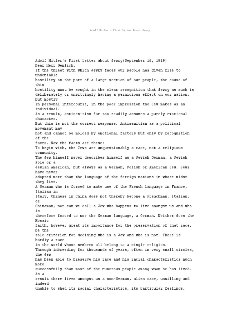 Adolf Hitler - First Letter About Jewry | PDF