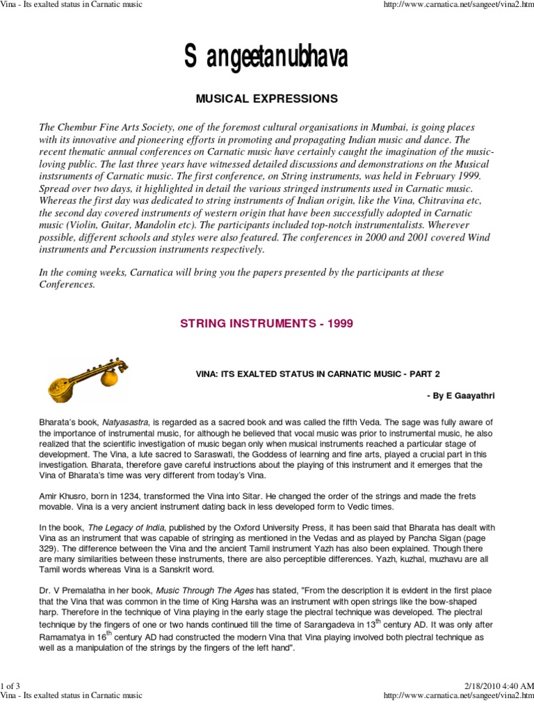 Vina - Its Exalted Status. | PDF | Musical Instruments | Chordophones