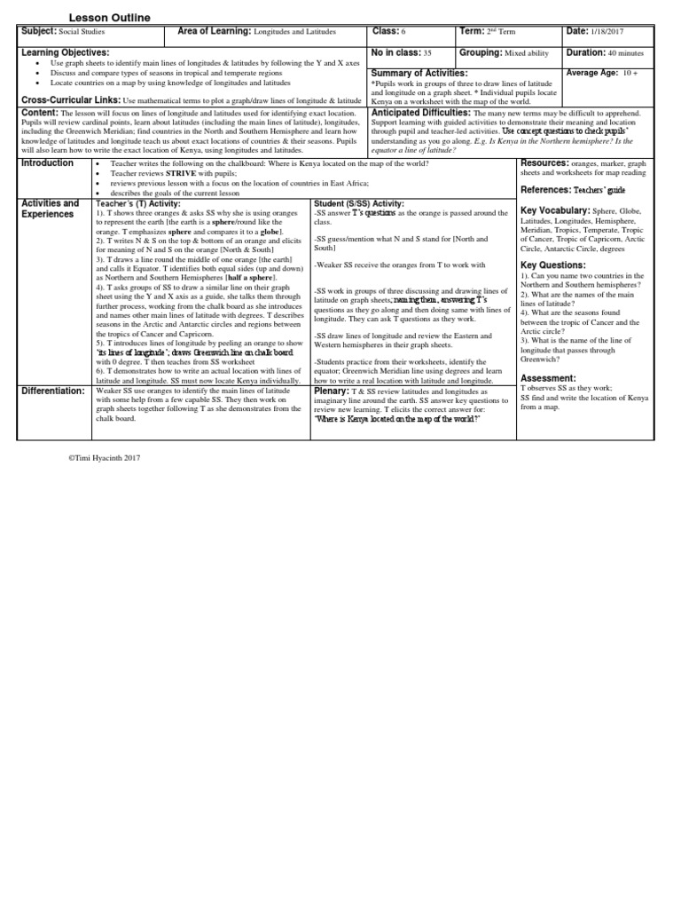 Primary School Longitudes and Latitudes Lesson Plan | PDF | Longitude ...