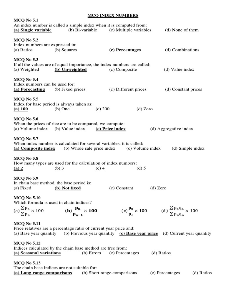 Mcq Index Numbers With Correct Answers | Price Indices | Index (Economics)