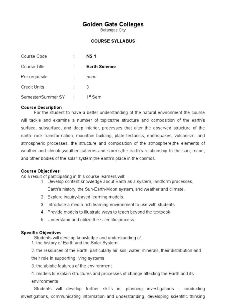 Syllabus in Earth Science | PDF | Earth Sciences | Earth