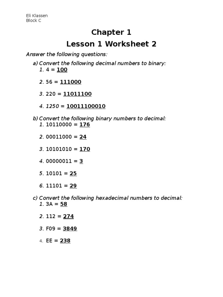 Chapter 1 Binary Worksheet Pdf 