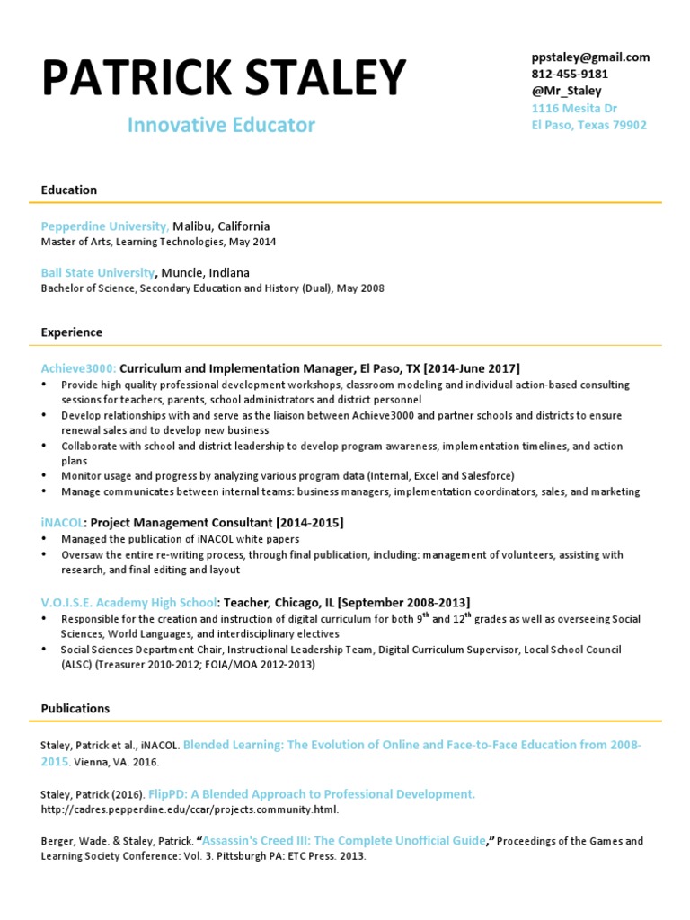 Patrick Staley Resume Color | PDF | Sharing | Pedagogy