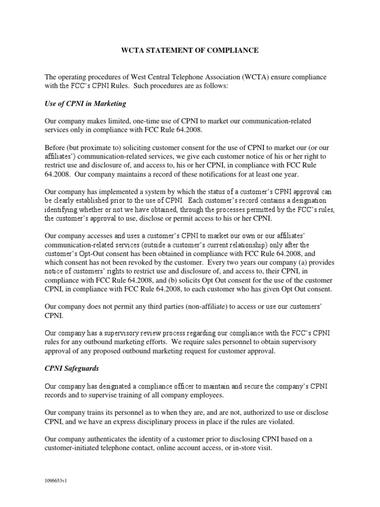 Statement of Compliance CPNI 2017 PDF | PDF | Federal Communications ...