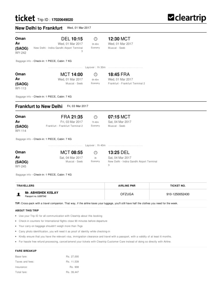 Cleartrip Flight E-Ticket | PDF | Baggage | Aviation