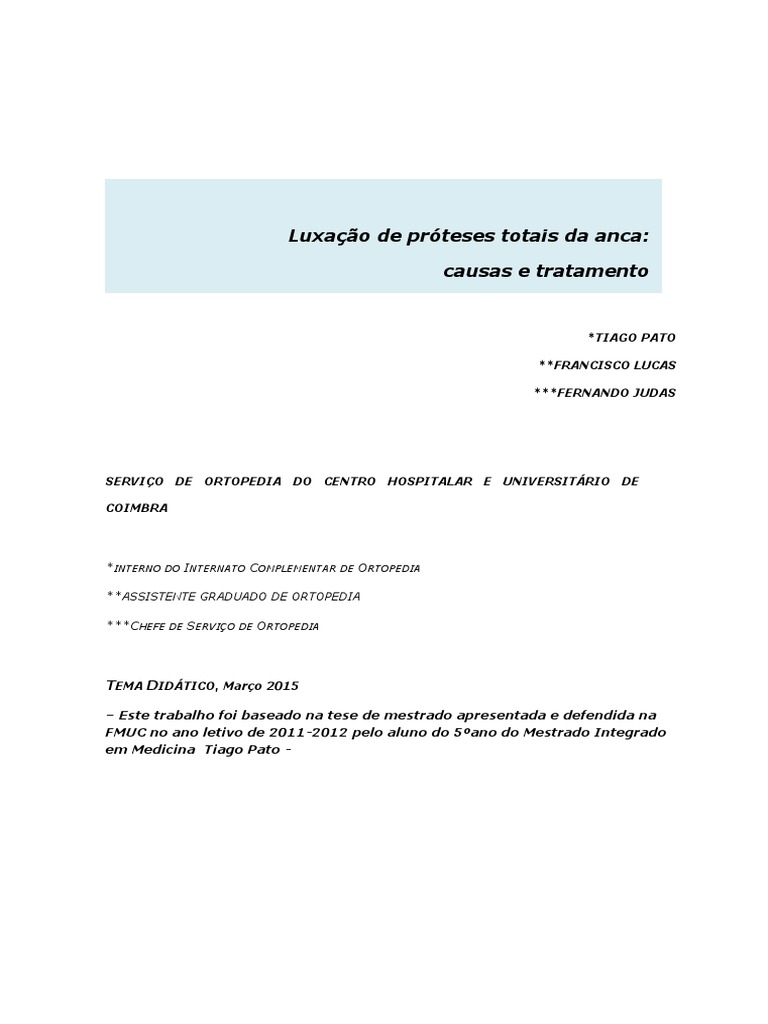 Luxação Próteses Totais Da Anca PDF | PDF | Prótese | Infecção