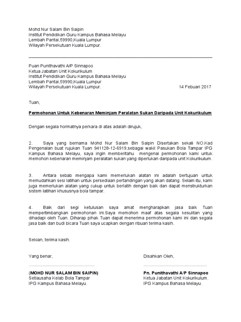 Contoh Surat Permohonan Kebenaran Meminjam Item/barang/alat | PDF