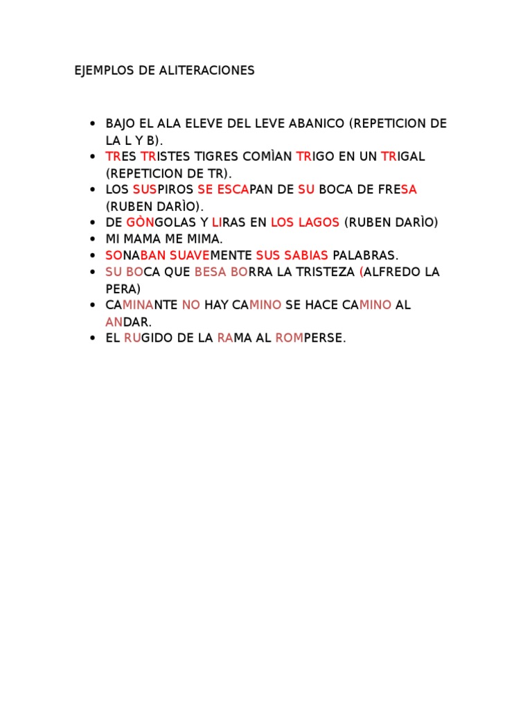 Ejemplos de Aliteraciones | PDF | Recursos poéticos | Tecnicas literarias