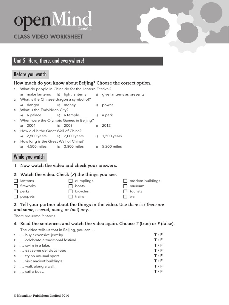 OpenMind 1 Unit 5 Class Video Worksheet | PDF | Beijing | Leisure