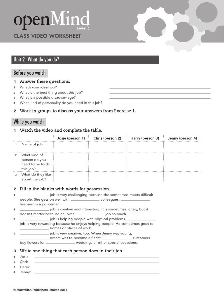 OpenMind 1 Unit 2 Class Video Worksheet | PDF