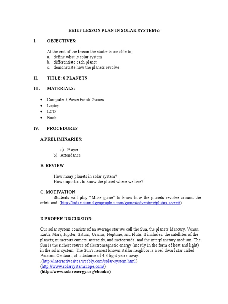 Corina Brief Lesson Plan in Science | PDF | Solar System | Planets
