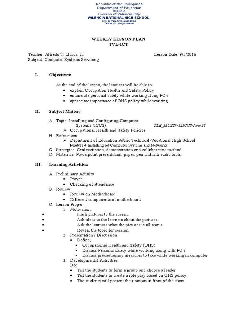 Lesson Plan OHS Procedure - Copy | Lesson Plan | Occupational Safety ...