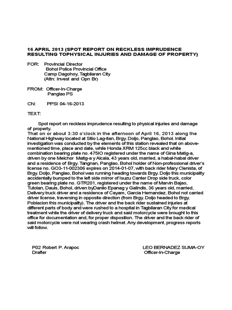 16 April 2013 (Spot Report On Reckless Imprudence Resulting Tophysical ...