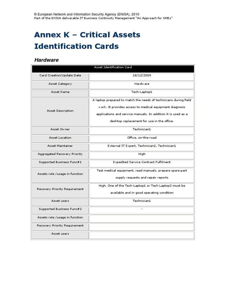 Annex K - Critical Assets Identification Cards: Hardware | PDF ...