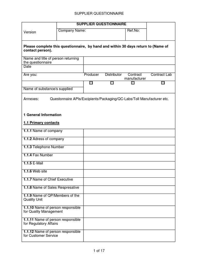 Supplier Questionnaire | PDF | Calibration | Laboratories
