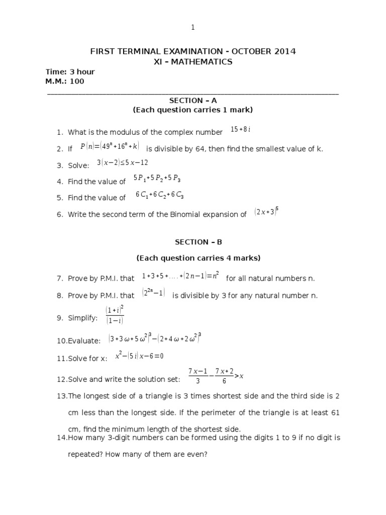XI Maths - I Terminal Exam | PDF | Discrete Mathematics | Mathematical ...