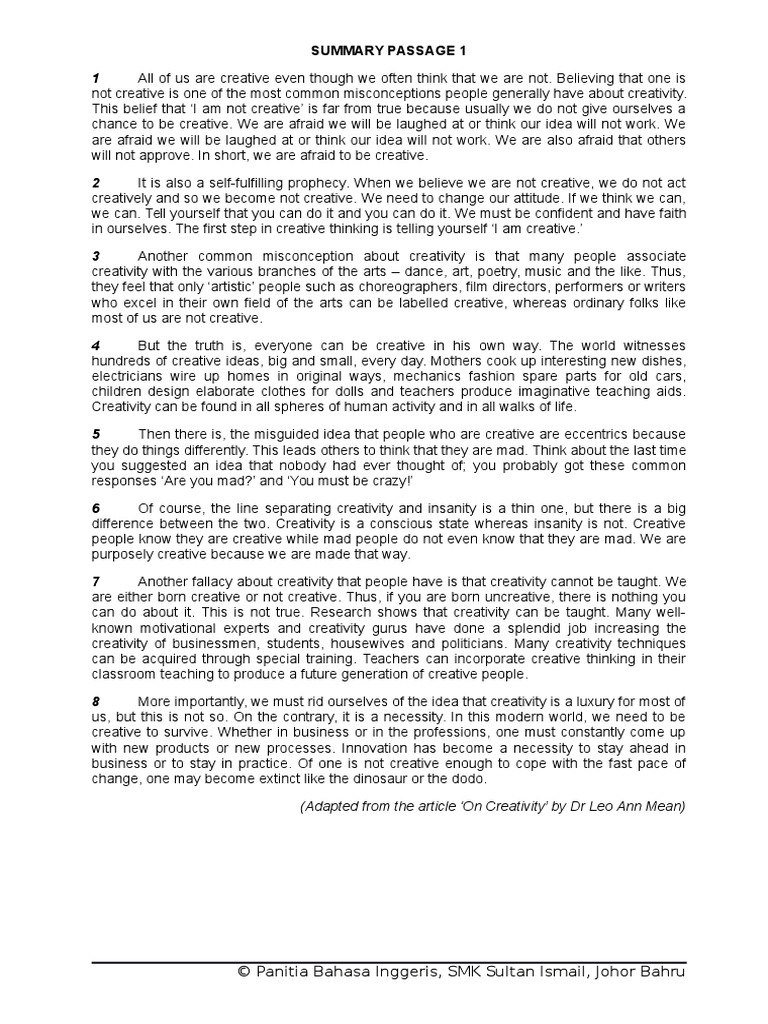 Summary Passage 1 | PDF | Creativity | Teachers