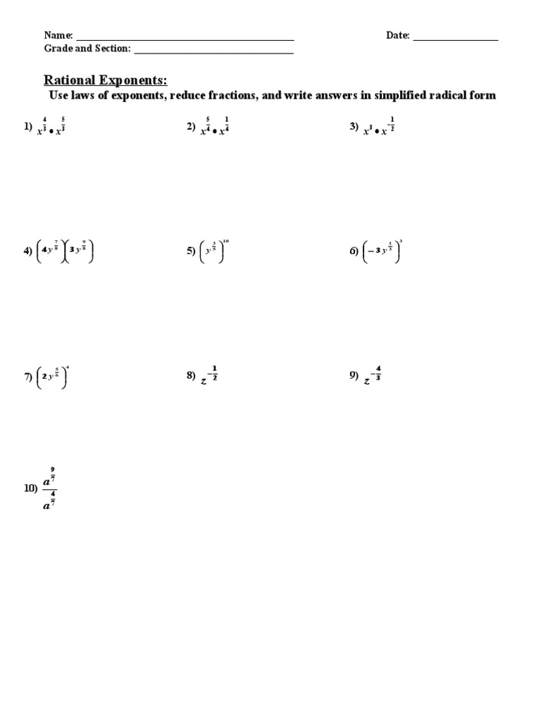 Rational Exponents:: Use Laws of Exponents, Reduce Fractions, and Write ...