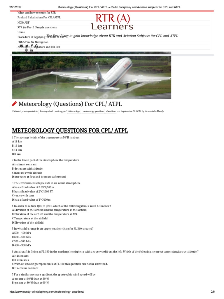 CPL/ATPL Meteorology Exam Questions | PDF | Cloud | Fog
